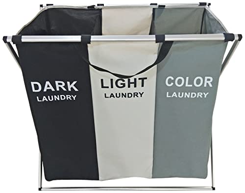 3 Section Laundry Basket for Dark, Light, and Color Clothes Hamper, Collapsible Design with Carry Handle, 26" Long x 15" Wide x 23.5" Tall by SciencePurchase