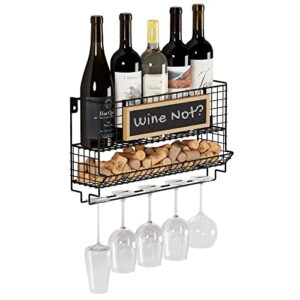 wall35 cork wine rack wall mounted, wall wine bottle holder with wine glass rack, wall mount wine holder with wine cork holder, wall wine rack for wine bottles and wine glass storage, black, metal