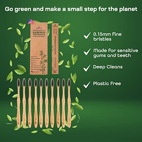 Bamboo Aesthetic Toothbrush Wood Set of 10 | Ultra Soft Bristles | Black Charcoal Infused | American Brand | Upgrade Hygiene & Reduce Waste | Brushes Teeth Care | Earth Friendly | Plant Based