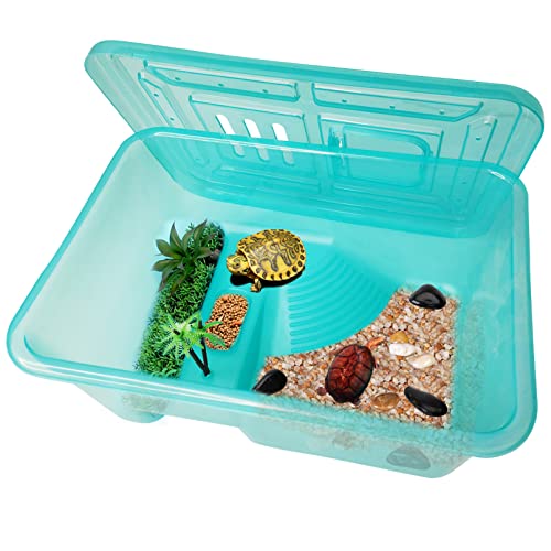 Fhiny Turtle Tank Aquarium, Plastic Turtle Habitat with Platform Plants Breeding Box with Lid Basking Platform Terrapin Lake Prevent Climbing Escaping for Tortoise Crayfish Crab (Small)