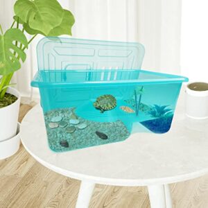 Fhiny Turtle Tank Aquarium, Plastic Turtle Habitat with Platform Plants Breeding Box with Lid Basking Platform Terrapin Lake Prevent Climbing Escaping for Tortoise Crayfish Crab (Small)