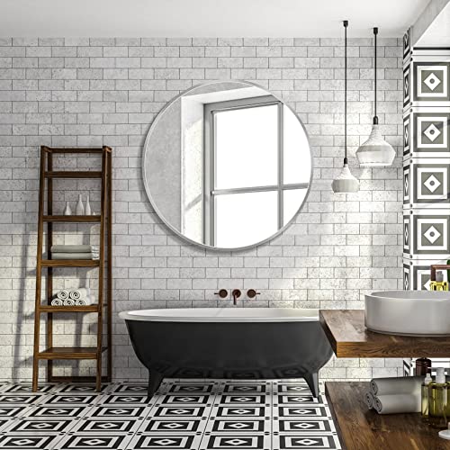 URnicehome Round Mirror 36 Inch Silver Circle Wall Mirror Metal Framed Mirror for Bedroom Bathroom Living Room Entryways Washrooms and More