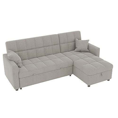 Sectional Sleeper Sofa Couch with Pull Out Bed, Sofa Bed with Storage Chaise for Living Room, Convertible L-Shaped Couch 3 Seat with Pillows (Grey)