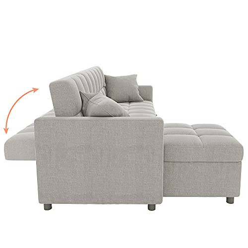 Sectional Sleeper Sofa Couch with Pull Out Bed, Sofa Bed with Storage Chaise for Living Room, Convertible L-Shaped Couch 3 Seat with Pillows (Grey)