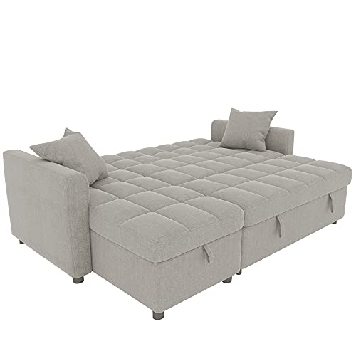 Sectional Sleeper Sofa Couch with Pull Out Bed, Sofa Bed with Storage Chaise for Living Room, Convertible L-Shaped Couch 3 Seat with Pillows (Grey)