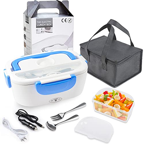 Electric Lunch Box Food Heater, Leak Proof Portable Food Warmer, 3-In-1 Lunch Heating Microwave for Car/Truck/Home, Removable 304 Stainless Steel Container 1.5L, SS Fork & Spoon and Carry Bag, Blue