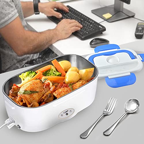 Electric Lunch Box Food Heater, Leak Proof Portable Food Warmer, 3-In-1 Lunch Heating Microwave for Car/Truck/Home, Removable 304 Stainless Steel Container 1.5L, SS Fork & Spoon and Carry Bag, Blue