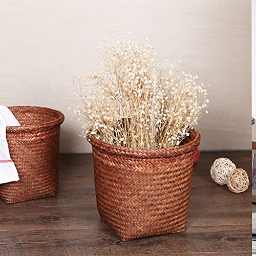 YARNOW Straw Woven Wastebasket Round Wicker Garbage Container Bin Dried Flower Bucket Rattan Waste Basket for Bathrooms Kitchens Home Offices