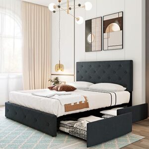 Allewie Queen Platform Bed Frame with 4 Storage Drawers & Adjustable Height Headboard, Fabric Diamond Button Tufted Design, Wooden Slats, No Box Spring Needed, Dark Grey