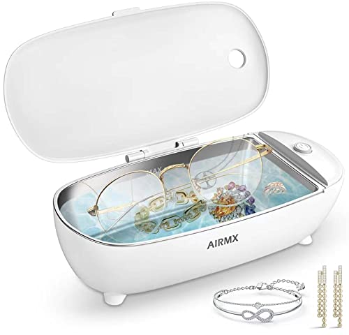 AIRMX Ultrasonic Jewelry Cleaner Machine with Timer, 450ML SUS304 Tank, 46KHz Professional Ultrasonic Gold Jewelry Cleaner for All Jewelry Rings Eyeglass Watches Coins Razors Earrings Necklace, White