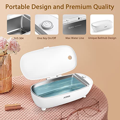 AIRMX Ultrasonic Jewelry Cleaner Machine with Timer, 450ML SUS304 Tank, 46KHz Professional Ultrasonic Gold Jewelry Cleaner for All Jewelry Rings Eyeglass Watches Coins Razors Earrings Necklace, White