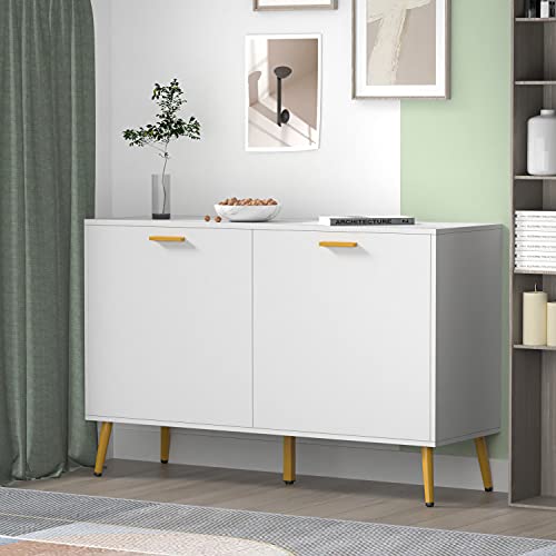 Homsee Mid Century Modern Sideboard Kitchen Buffet Cabinet with 2 Doors & 4 Storage Compartments, Wood Cupboard Console Table, TV Stand with Gold Metal Legs for Living Room, Dining Room, White