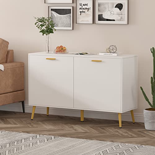 Homsee Mid Century Modern Sideboard Kitchen Buffet Cabinet with 2 Doors & 4 Storage Compartments, Wood Cupboard Console Table, TV Stand with Gold Metal Legs for Living Room, Dining Room, White