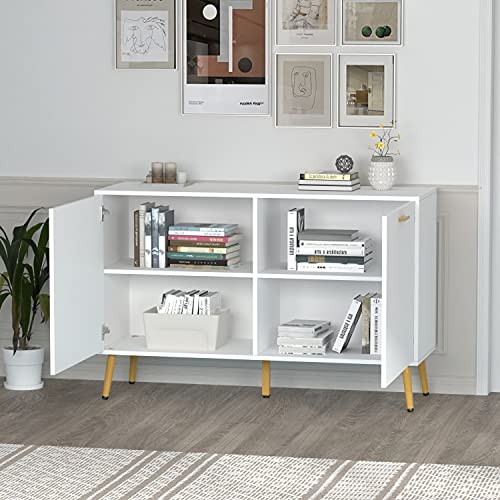 Homsee Mid Century Modern Sideboard Kitchen Buffet Cabinet with 2 Doors & 4 Storage Compartments, Wood Cupboard Console Table, TV Stand with Gold Metal Legs for Living Room, Dining Room, White