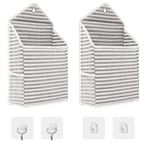 PARAKE Wall Hanging Storage Bag, 2 Pack Waterproof Hanging Organizer Bag for Bedroom, Large Pocket Organizer Basket with Side Pocket, 4 Sticky Hook, Hanging Bag for Bathroom Office, Grey White Stripes