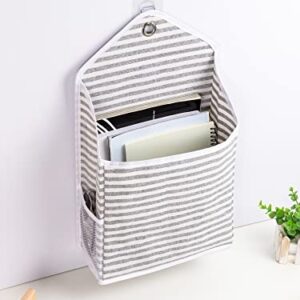 PARAKE Wall Hanging Storage Bag, 2 Pack Waterproof Hanging Organizer Bag for Bedroom, Large Pocket Organizer Basket with Side Pocket, 4 Sticky Hook, Hanging Bag for Bathroom Office, Grey White Stripes