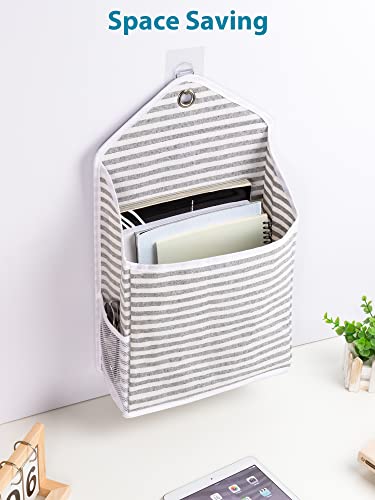 PARAKE Wall Hanging Storage Bag, 2 Pack Waterproof Hanging Organizer Bag for Bedroom, Large Pocket Organizer Basket with Side Pocket, 4 Sticky Hook, Hanging Bag for Bathroom Office, Grey White Stripes