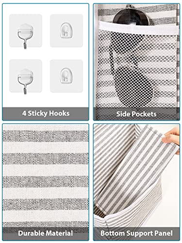 PARAKE Wall Hanging Storage Bag, 2 Pack Waterproof Hanging Organizer Bag for Bedroom, Large Pocket Organizer Basket with Side Pocket, 4 Sticky Hook, Hanging Bag for Bathroom Office, Grey White Stripes