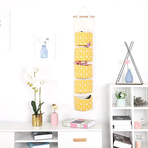 Over The Door Storage Bag, Multifunctional Wall Closet Hanging Storage Organizer with 5 Pockets Cotton Linen Hanging Pocket Organizer for Bedroom Bathroom