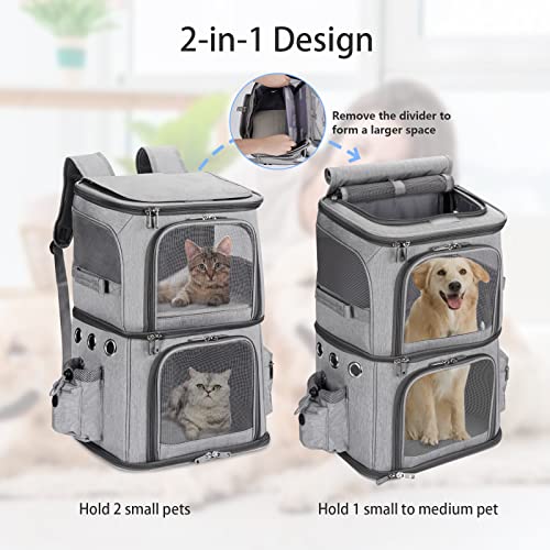 HOVONO Double-Compartment Pet Carrier Backpack for Small Cats and Dogs, Cat Travel Carrier for 2 Cats, Perfect for Traveling/Hiking/Camping, Grey