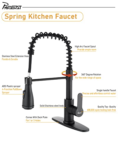 PHASAT Kitchen Faucet with Pull Down Sprayer High ArcSpring Kitchen Sink Faucet 4 Function Single Handle Mixer Tap,Matte Black,PU1H01