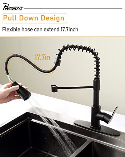 PHASAT Kitchen Faucet with Pull Down Sprayer High ArcSpring Kitchen Sink Faucet 4 Function Single Handle Mixer Tap,Matte Black,PU1H01