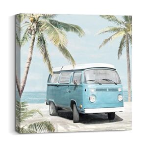 ocean beach theme wall art decor coastal tropical palm trees cute vintage van canvas prints poster for living room bedroom bathroom decoration (12" x 12", blue van)