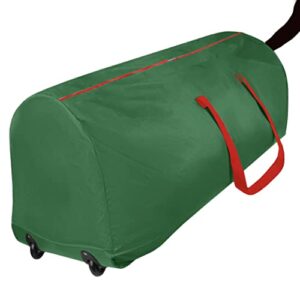 rolling tree storage bag - storage for 9-foot artificial christmas holiday tree. zippered bag, carry handles and wheels for easy transport. protects against dust, insects, and moisture. (green)