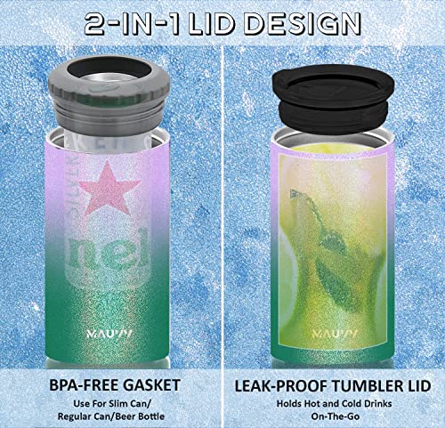 4 in 1 Insulated Slim Can Cooler with lid for 12 Oz Tall Skinny Can, Regular Can, Beer Bottle - Stainless Steel Double Walled Can Insulator Beer Coozy for Cans Koozie Coozies (Mermaid Dreams)