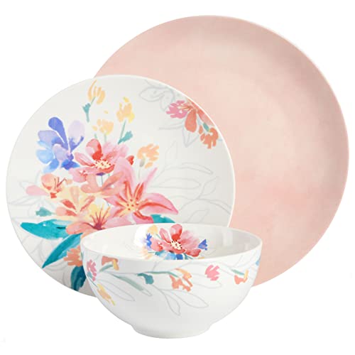 Spice by Tia Mowry Goji Blossom Decorated Porcelain Dinnerware Set, Pink, 12-Piece