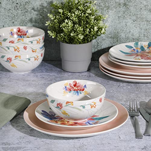 Spice by Tia Mowry Goji Blossom Decorated Porcelain Dinnerware Set, Pink, 12-Piece