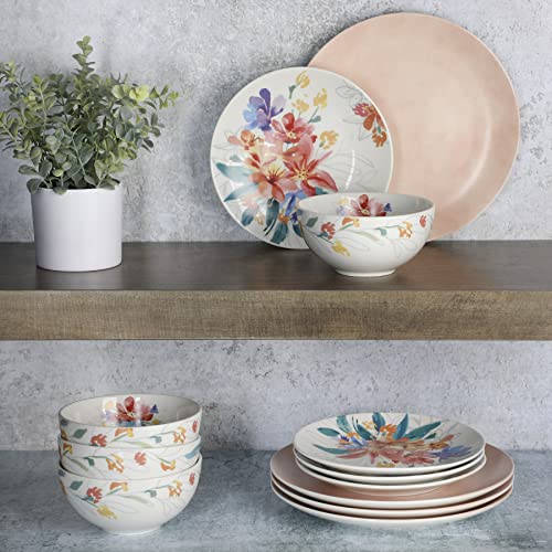 Spice by Tia Mowry Goji Blossom Decorated Porcelain Dinnerware Set, Pink, 12-Piece