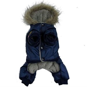 Hooded Jumpsuit Waterproof Small Dog Apparel Airman Fleece Winter Coat Snowsuit Outdoor Dog Cat Parka Jacket Cloth Drop Shipping (M,Blue)