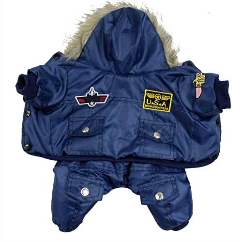 Hooded Jumpsuit Waterproof Small Dog Apparel Airman Fleece Winter Coat Snowsuit Outdoor Dog Cat Parka Jacket Cloth Drop Shipping (M,Blue)