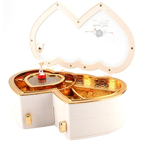 Ballerina Music Box Musical Jewelry Box, Double Heart Ballerina Musical Jewelry Box Storage Case Music Gift Box with Removable Magnetic Ballerina Dancer Birthday Bedroom Decor (white)