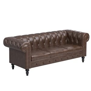 MGH Chesterfield Sofas, 83" PU Couch,Tufted 3 Seats Living Furniture, Mid-Century Sofa Couch Daybed for Living Room and Bedroom (Brown-2)