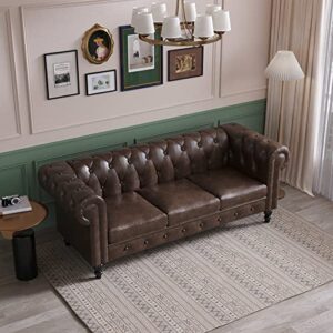 MGH Chesterfield Sofas, 83" PU Couch,Tufted 3 Seats Living Furniture, Mid-Century Sofa Couch Daybed for Living Room and Bedroom (Brown-2)