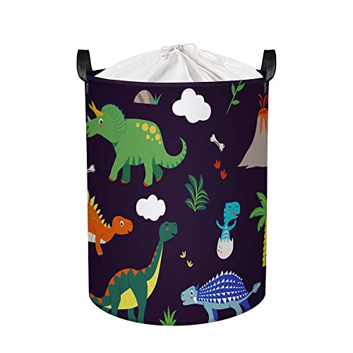 Clastyle 45L Waterproof Adorable Dinosaur Laundry Basket Black Collapsible Laundry Hamper with Handle Kids Toys Room Storage Basket with Drawstring, 14 * 17.7 in