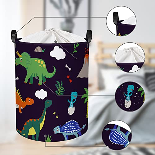 Clastyle 45L Waterproof Adorable Dinosaur Laundry Basket Black Collapsible Laundry Hamper with Handle Kids Toys Room Storage Basket with Drawstring, 14 * 17.7 in