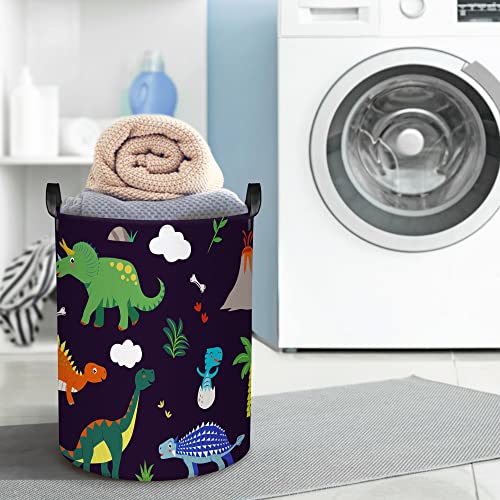 Clastyle 45L Waterproof Adorable Dinosaur Laundry Basket Black Collapsible Laundry Hamper with Handle Kids Toys Room Storage Basket with Drawstring, 14 * 17.7 in