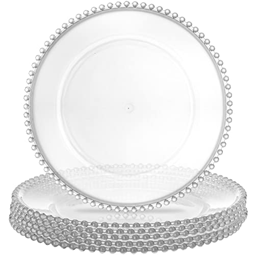 Lawei 6 Pack Clear Plastic Charger Plates with Bead Rim, 13 Inch Plastic Round Serving Plates Decor Dinner Plates for Party Wedding Events Dinner Decoration