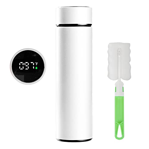 A2k Twenty Fahrenheit Temperature Reading Smart Thermos Cup, Tea Infuser, Keeps Drinks Hot/Cold 24 Hours. Detachable Colander for Coffee, Infusion. 500 ml. Foam Sponge Cleaning Brush Included (White)