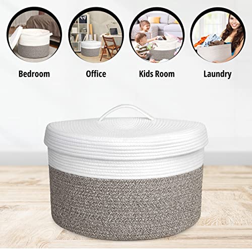 Blanket Basket with Lid, blanket storage Basket, Laundry, and Organizing Toys, rope basket, Woven Coiled Hamper with Soft Lid, Trendy Home décor for Living Room or Bedroom