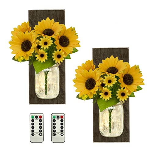 TenXVI Designs Sunflower Jar Wall Sconces with Brown Backer, Set of 2, with Remote Controlled LED Fairy Lights - Perfect Country or Farmhouse Theme Home Decor