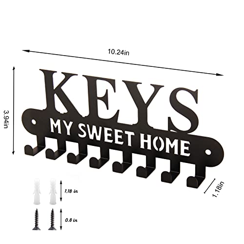 Smile Buzz Wall Mounted Black Metal Key Holder with Sweet Home Decor - 8 Hooks for Key Racks, Screws and Plugs to Hang Key.