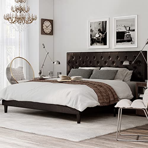 IMUsee King Size Faux Leather Upholstered Platform Bed Frame with Adjustable Button Tufted Headboard, Wooden Slats, No Box Spring Needed, Easy Assembly, Dark Brown