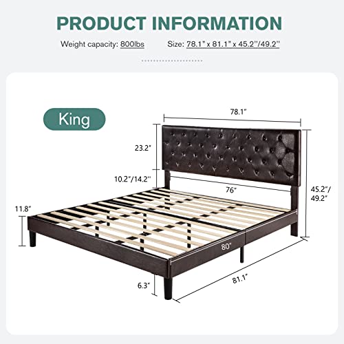 IMUsee King Size Faux Leather Upholstered Platform Bed Frame with Adjustable Button Tufted Headboard, Wooden Slats, No Box Spring Needed, Easy Assembly, Dark Brown