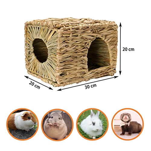 DuvinDD Grass House for Bunny Play and Rest, Small Animal Hideaway Hut Bed Mat 100% Natural Chew Toys - Rattan Ball, Timothy Hay Ball String and Sticks, Apple Sticks, Pine Cones for Rabbit Guinea Pig