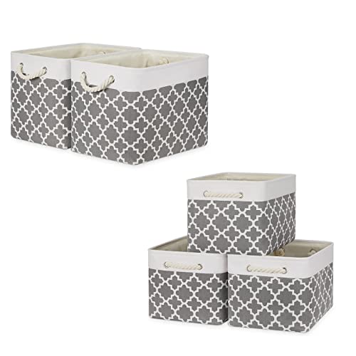 Bidtakay Baskets Set Fabric Storage Bins-White&Quatrefoil Grey Bundled Baskets of 2 Large Baskets 16" X 11.8" X 11.8" + 3 Medium Baskets 15" X 11" X 9.5" for Closet, Shelves