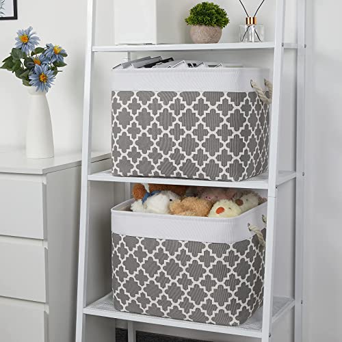 Bidtakay Baskets Set Fabric Storage Bins-White&Quatrefoil Grey Bundled Baskets of 2 Large Baskets 16" X 11.8" X 11.8" + 3 Medium Baskets 15" X 11" X 9.5" for Closet, Shelves